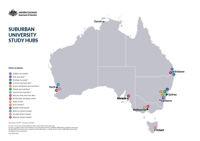 Suburban University Study Hubs map - Department of Education, Australian Government